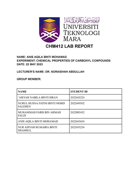 CHM LAB Report EXP A CHM LAB REPORT NAME ANIS AQILA BINTI MOHAMAD EXPERIMENT CHEMICAL