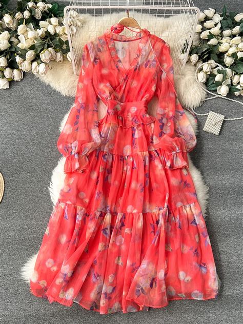 Женское шифоновое платье-макси с оборками | AliExpress