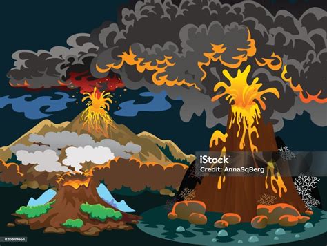 화산 분화 한 자 정도의 변화 또는 위험한 벌 컨 마그마 화산재와 화산 용암 산 벡터 일러스트 레이 션 아래로 흐르는 연기 비행기에서 인사를 깨우기의 집합 Active