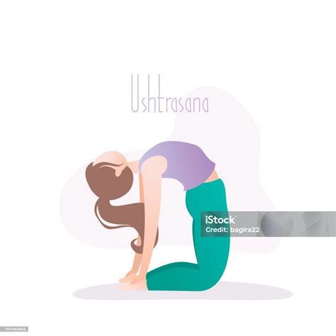 요가 포즈에 앉아 소녀 낙 타 포즈 또는 하타 요가에서 Ustrasana 아사 나 건강한 생활방식에 대한 스톡 벡터 아트 및