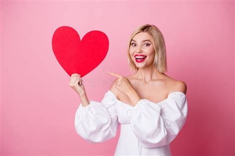 Photo Of Excited Impressed Lady Wear Off Shoulders Dress Pointing