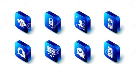 Set Cyber Security Face Recognition System Bug Mobile Mobile And Face Check Mark In Speech