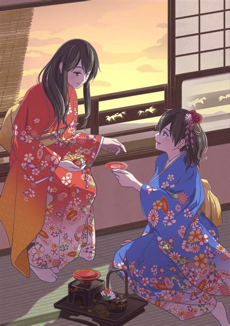 Akagi Kimono Fan Art Brunette Japanese Kimono Kantai Collection