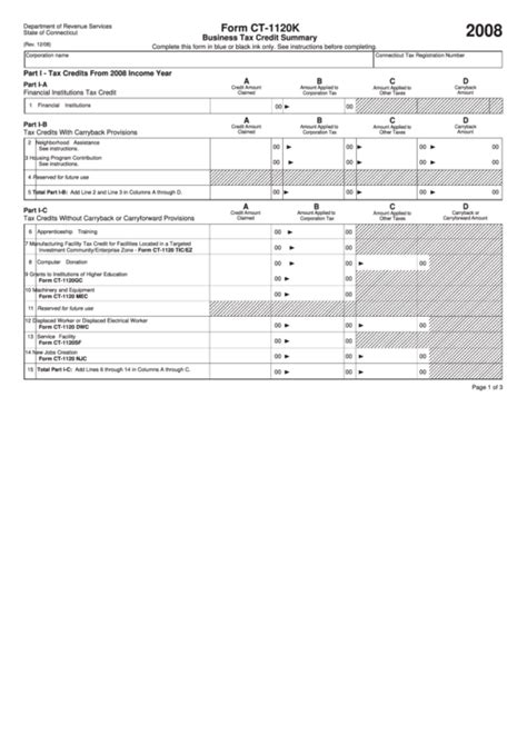 Form Ct 1120k Business Tax Credit Summary 2008 Printable Pdf Download