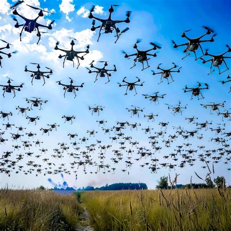Large Number Of Flying Objects In The Sky Above Field Of Tall Grass