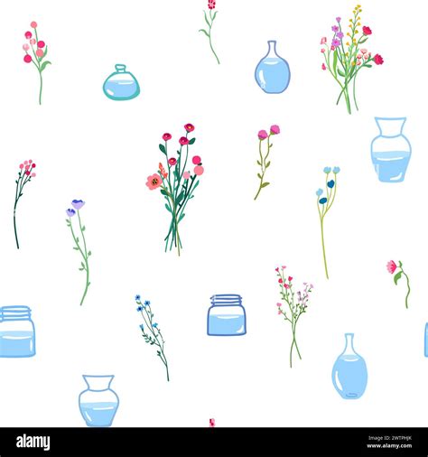 Spring Flowers In Glass Vases Seamless Pattern Fragile Floral Stems And Branches Repeating