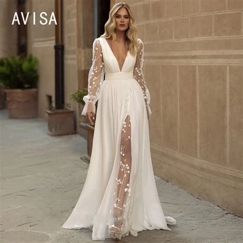 Vestido De Novia Bohemio Traje Sexy Con Escote En V Profundo Apliques De Encaje Mangas Largas