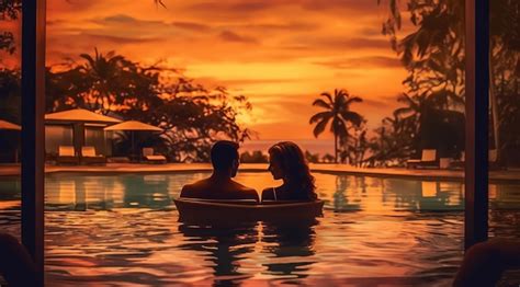 Premium Ai Image A Couple In A Swimming Pool At Sunset