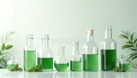 Laboratory Glassware Bottles Filled With Green Liquid Arranged On White Background Organic