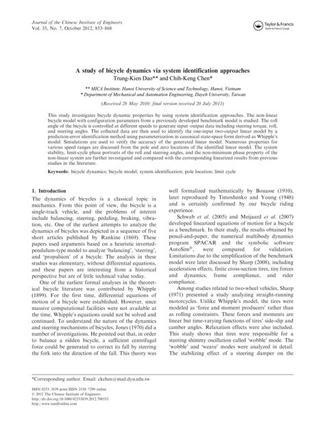 PDF A Study Of Bicycle Dynamics Via System Identification