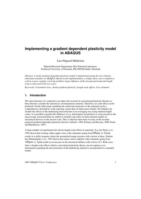 Pdf Implementing A Gradient Dependent Plasticity Model In Abaqus