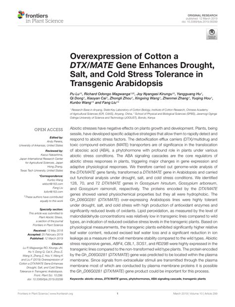 Pdf Overexpression Of Cotton A Dtxmate Gene Enhances Drought Salt