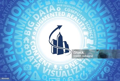 화살표와 아이콘 인터넷 현대 기술 단어 배경 건물의 세트 3가지 개체에 대한 스톡 벡터 아트 및 기타 이미지 3가지 개체