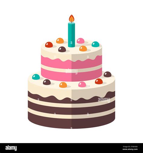 Cute Birthday Cake Icon With Candle Traditional Festive Dessert For A