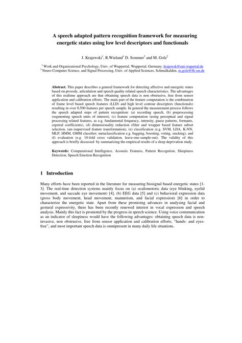 Pdf A Speech Adapted Pattern Recognition Framework For Measuring Energetic States Using Low
