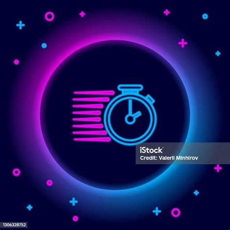 검은 색 배경에 고립 된 빛나는 네온 라인 스톱 워치 아이콘 시간 타이머 기호입니다 다채로운 개요 개념 벡터 0명에 대한 스톡