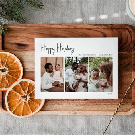 Modern Script Happy Holidays Three Photo Holiday Card Zazzle