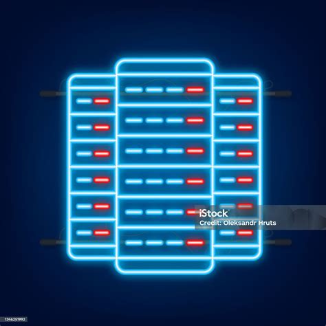 데이터 센터 네온 아이콘 메인프레임 서비스 컨셉 배너 서버 랙 서버룸 벡터 일러스트레이션 개념에 대한 스톡 벡터 아트 및 기타 이미지 Istock