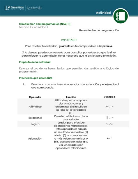 Actividad 1 Programacion Y Base De Datos Introducción A La Programación [nivel 1] Lección 2