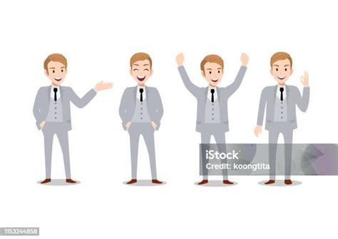 사업가 만화 캐릭터 네 가지 포즈의 집합입니다 사무실 스타일의 똑똑한 소송에서 잘생긴 사업가 벡터 일러스트 감정에 대한 스톡 벡터 아트 및 기타 이미지 Istock