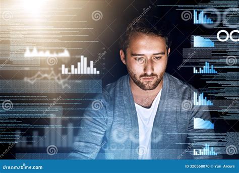 Man Web Developer And Statistics Overlay With Coding Or Script For Fintech App And Ecommerce