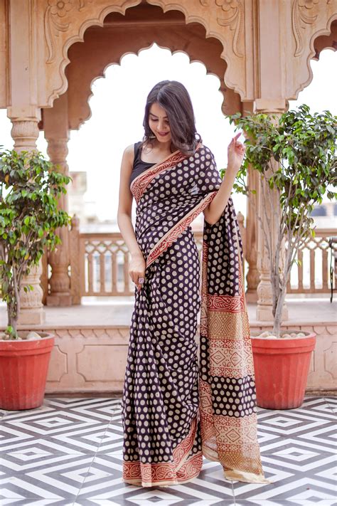 Polka Dot Bagru Bagh Block Print Pure Cotton Saree Jaipur Tex