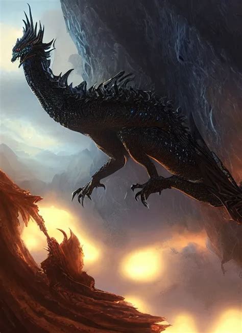 One Epic Black Dragon With Shiny Scales Guarding A Stable Diffusion