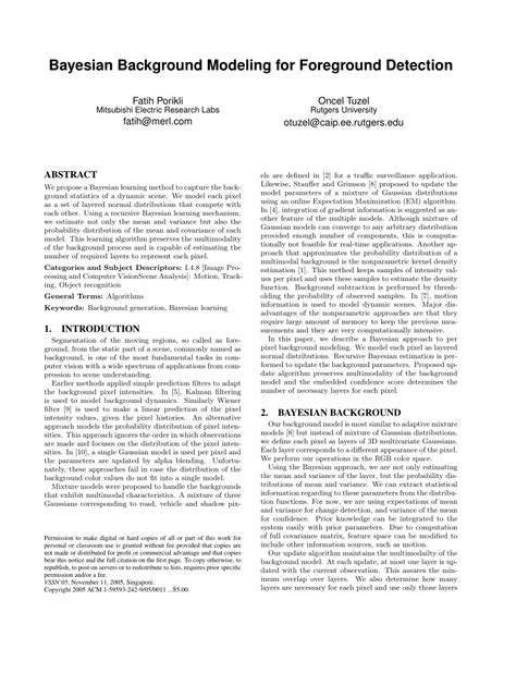 Pdf Bayesian Background Modeling For Foreground Detection