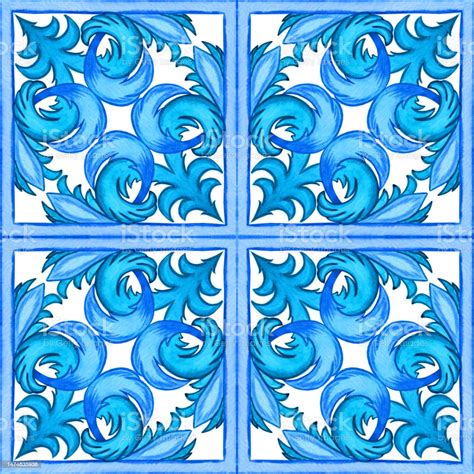 마졸리카 패턴 시칠리아 손으로 그린 파란색 장식품 전통적인 파란색과 흰색 세라믹 타일 포르투갈어 전통 Azulejo 패턴 모로코 스타일 고풍스런에 대한 스톡 벡터 아트 및