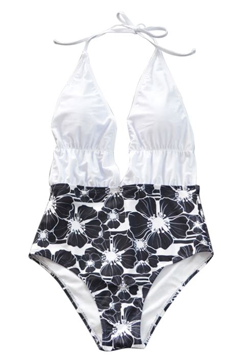 Iyasson Sexy Floral Printing With Deep V Neck Halter One Piece Swimsui