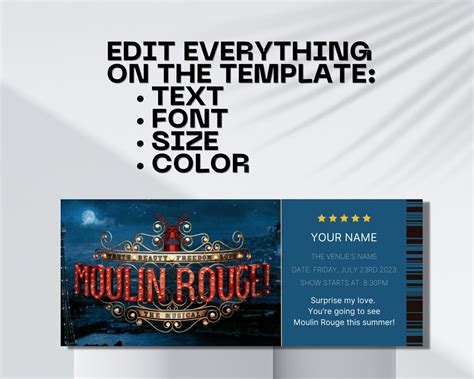 Editable Moulin Rouge Ticket Surprise Musical Theater Ticket Moulin