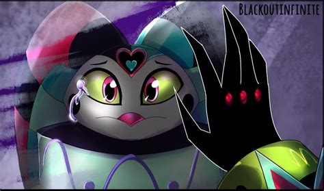 A Cartoon Character With Big Eyes And An Evil Look On His Face Holding Her Hand Up To The Camera