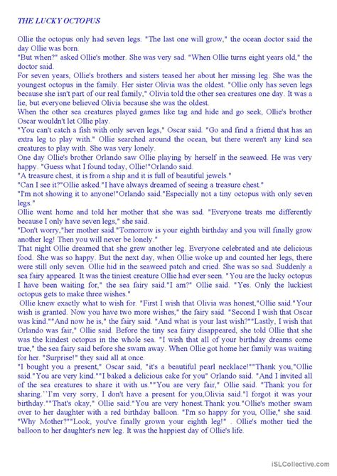 The Lucky Octopus Reading For Detail Español Ele Hojas De Trabajo Pdf