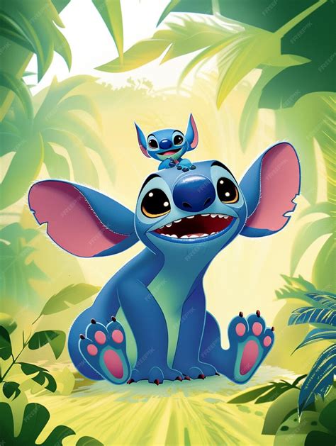 Cartoon Lilo And Stitchty Sitting In The Jungle Generative Ai Premium