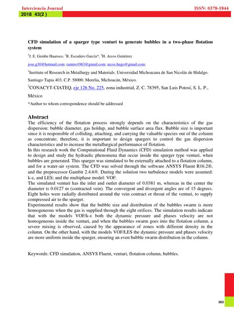 Pdf Cfd Simulation Of A Sparger Type Venturi To Generate Bubbles In A