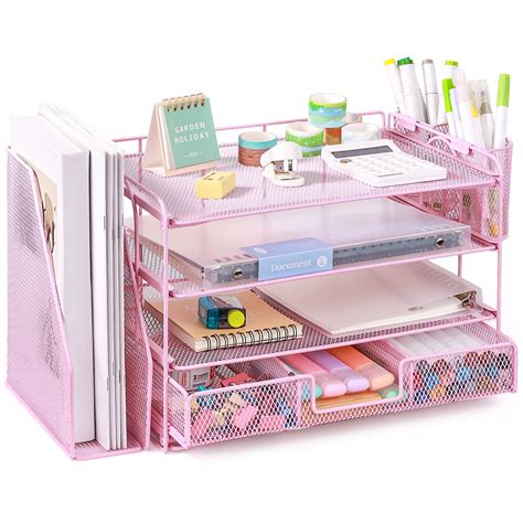 Livhil Desk Organizer 4 Tier Pink Metal Mesh File Organizer With