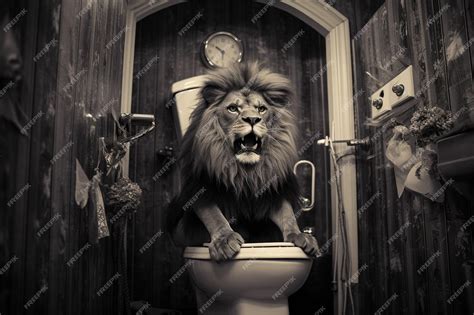Premium Ai Image Lion Sit On The Toilet Leo Sitting