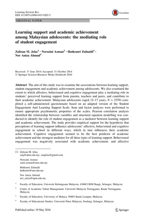 Pdf Learning Support And Academic Achievement Among Malaysian Adolescents The Mediating Role