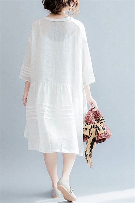 White Casual Big Hem Linen Summer Shirt Dresses Women Clothing Q3108