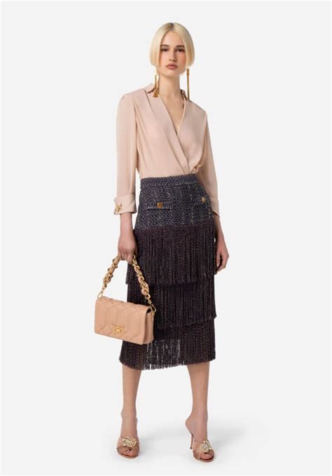 Elisabetta Franchi Midi Skirt In Tweed Fabric With Fringes Celia Boutique