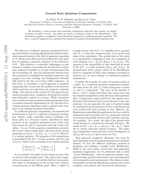 Pdf Ground State Quantum Computation