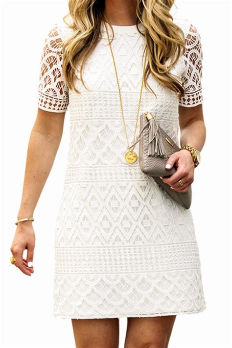 White Lace Crochet Hollow Out Short Sleeve Mini Dress Rocking Royal