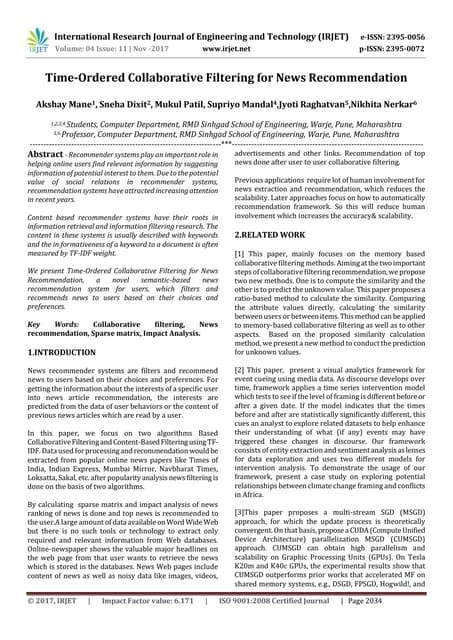 Time Ordered Collaborative Filtering For News Recommendation Pdf