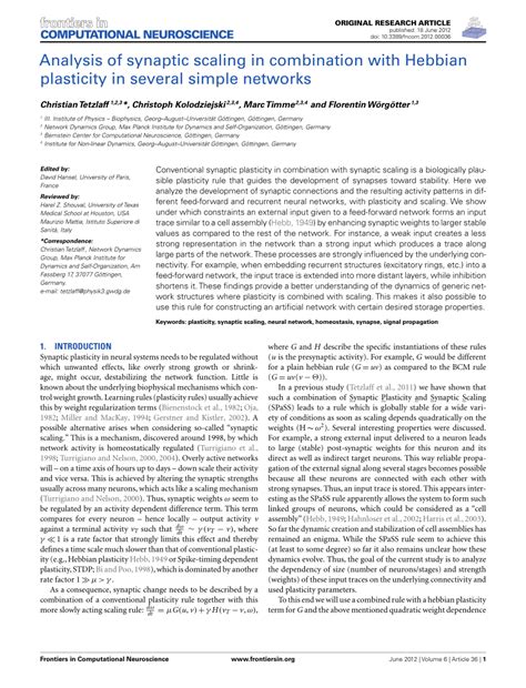 Pdf Analysis Of Synaptic Scaling In Combination With Hebbian Plasticity In Several Simple Networks