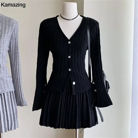 Elegant Pleated 2 Piece Skirt Set Slim Button Knitted Cardigan High Waist Pleated Mini Skirt