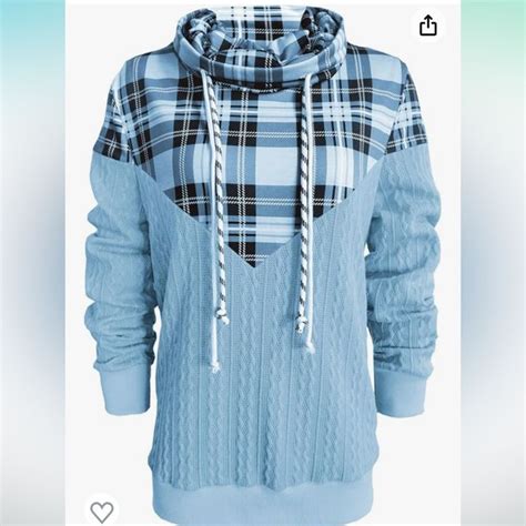 Womens Twisted Cable Knit Plaid Mock Drawstring Long Sleeve Pullover