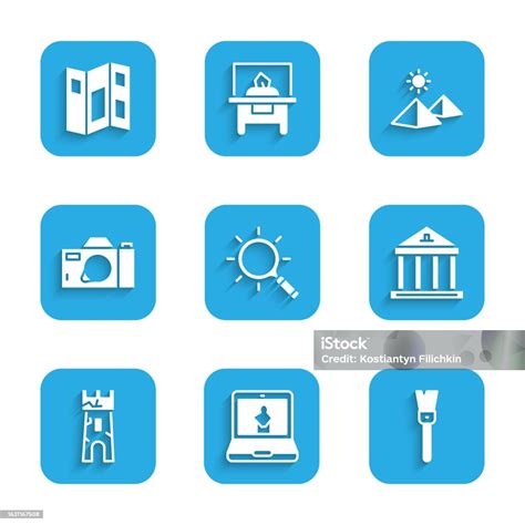 돋보기 온라인 박물관 페인트 브러시 박물관 건물 천수각 사진 카메라 이집트 피라미드 및 안내 브로셔 아이콘을 설정합니다 벡터 0명에 대한 스톡 벡터 아트 및 기타 이미지