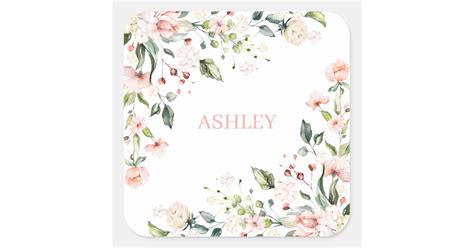 Pink Floral Monogram Watercolor Personalized Name Square Sticker Zazzle
