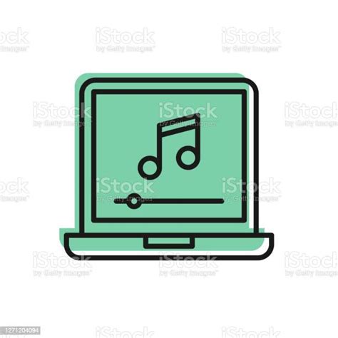 黑線筆記型電腦與音樂筆記符號在螢幕上圖示隔離在白色背景向量向量圖形及更多互聯網圖片 互聯網 剪裁圖 商務 Istock