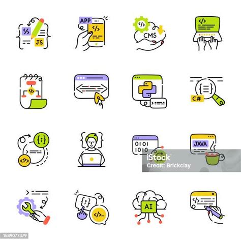 Pemrograman Web Terbaru Ikon Yang Digambar Tangan Ilustrasi Stok